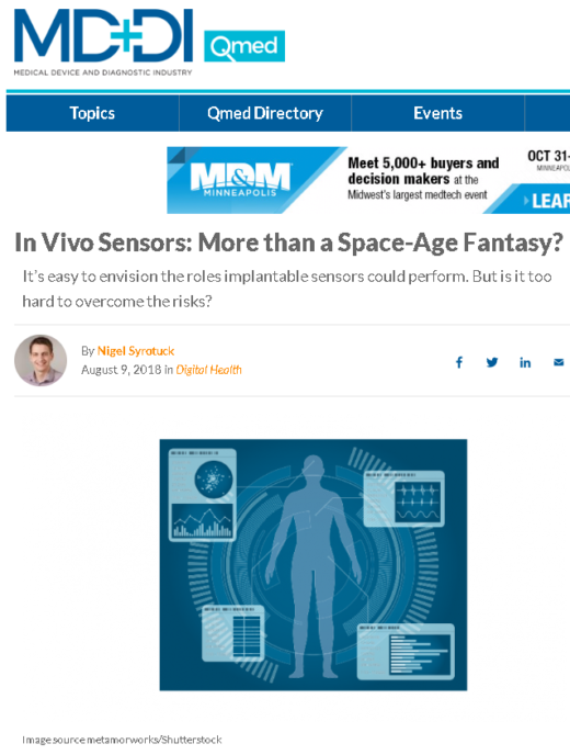 In Vivo Sensors guest article by Nigel Syrotuck featured in MD+DI online